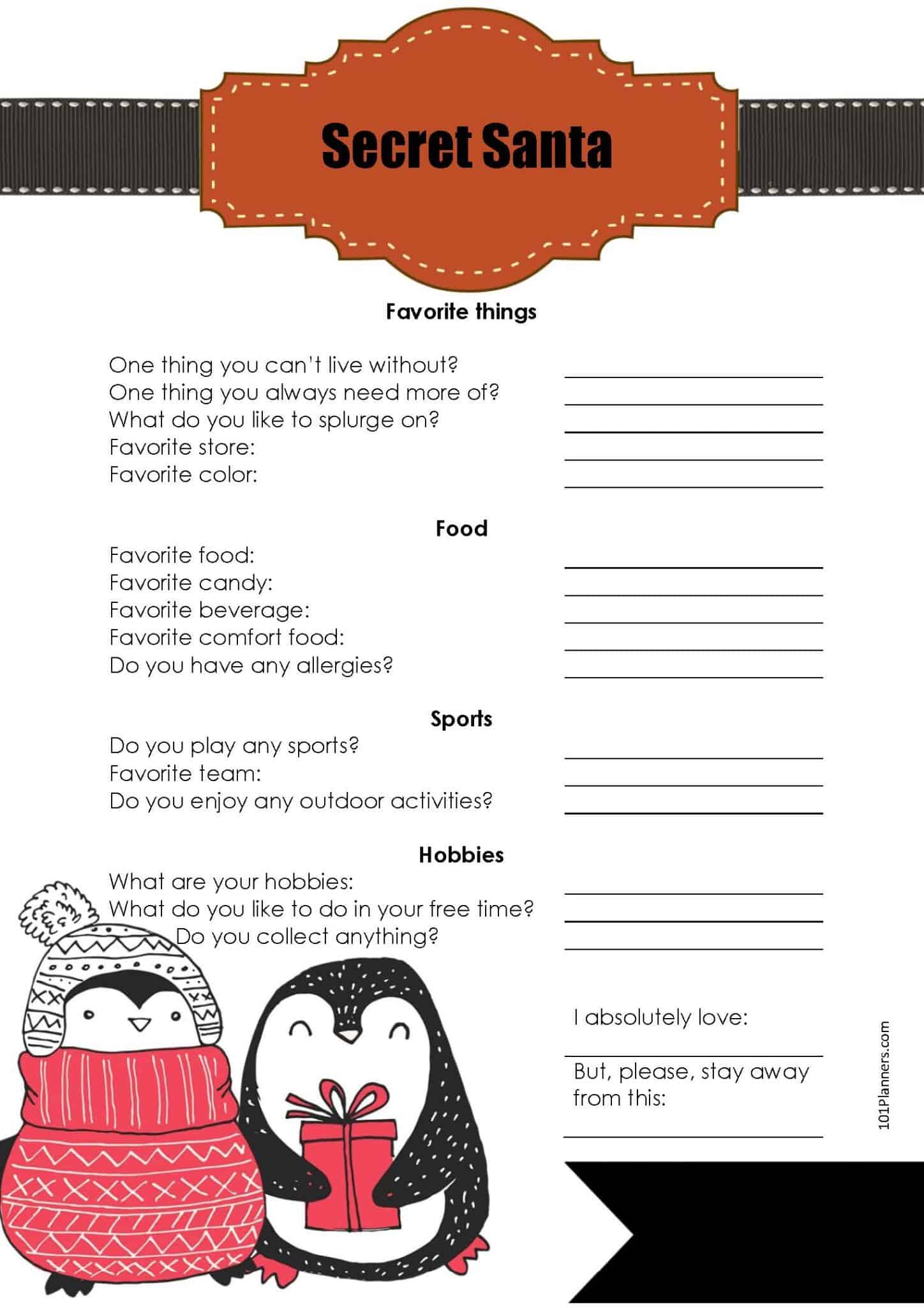 Free editable Secret Santa form template