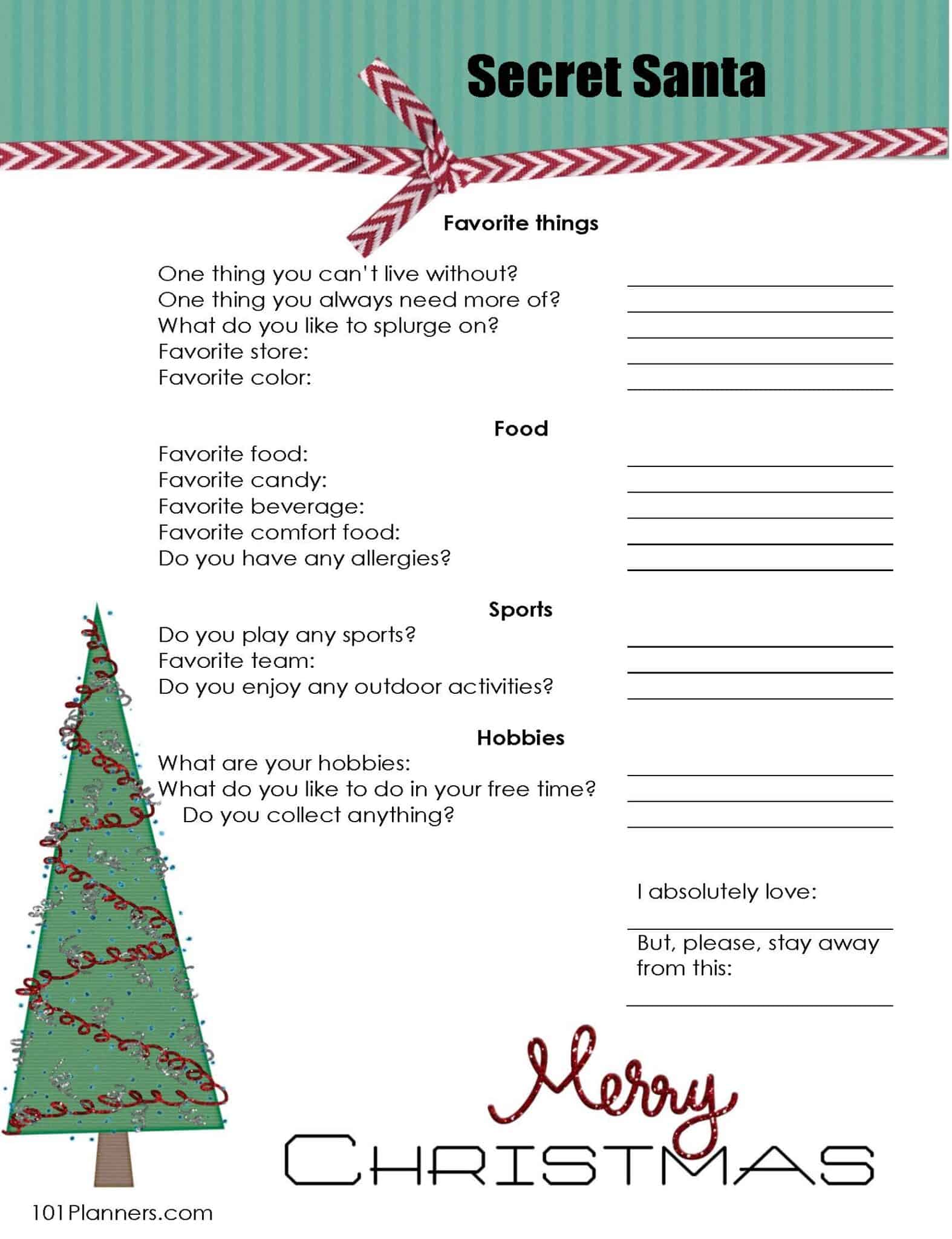 Free editable Secret Santa form template