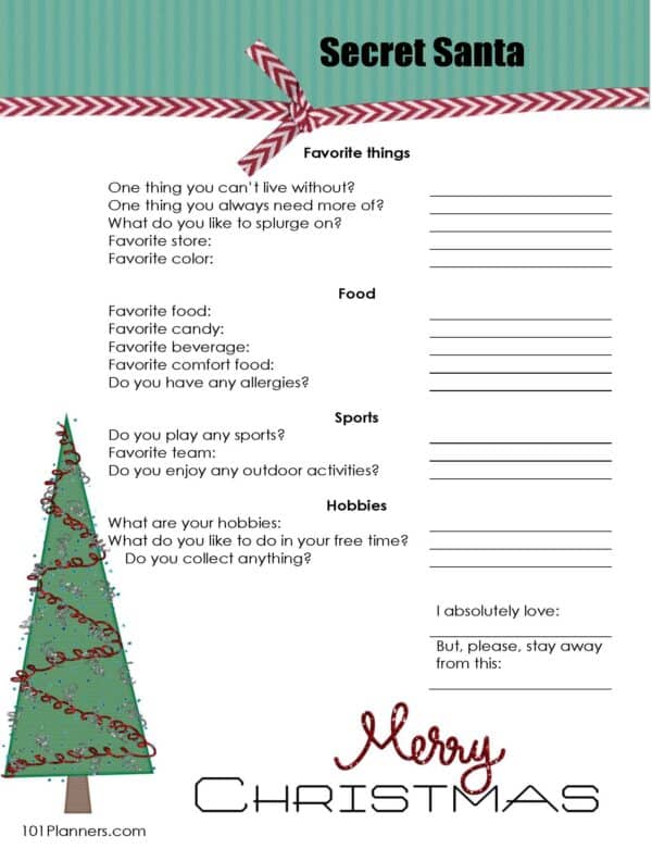 Free editable Secret Santa form template