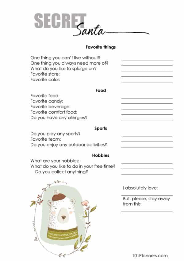 Free editable Secret Santa form template