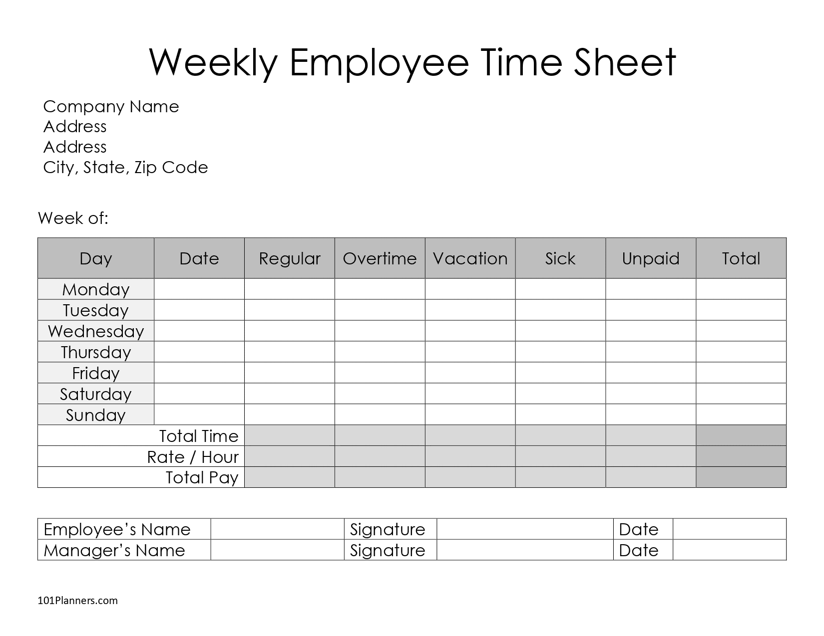 Blank Printable Timesheets