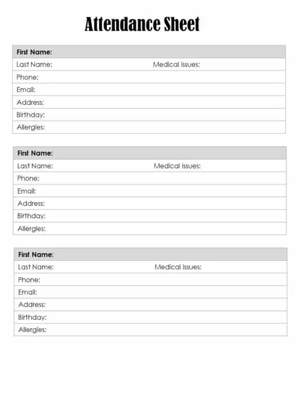 All Attendance Sheets, Sign in and Sign Out Sheets