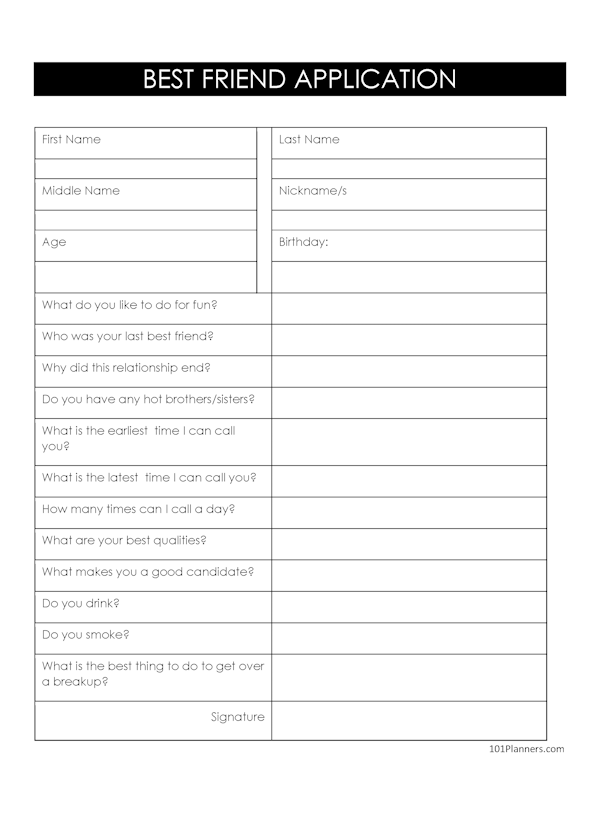 FREE Printable and Editable Best Friend Application