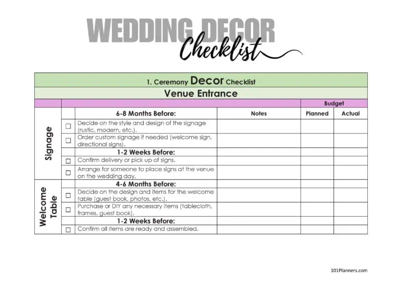 Wedding Decor Checklist PDF & MS Word | Editable
