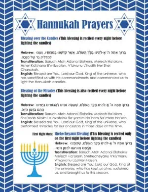 Printable Hanukkah Blessings & Hanukkah Prayer First Night
