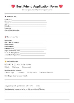 FREE Printable and Editable Best Friend Application